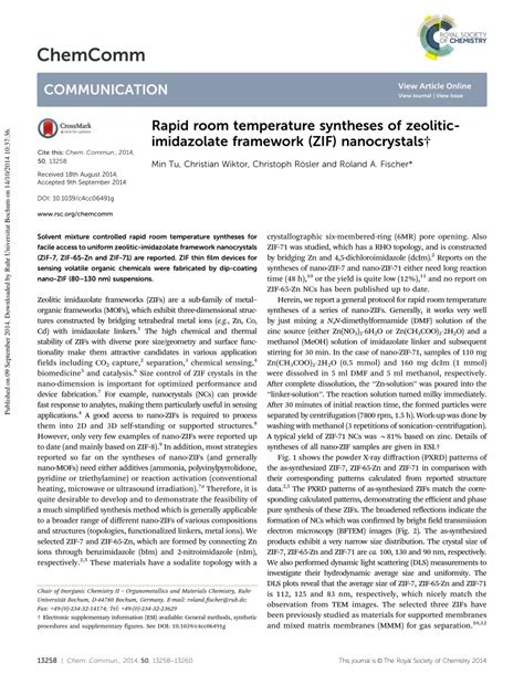 Pdf Rapid Room Temperature Syntheses Of Zeolitic Imidazolate Framework Zif Nanocrystals