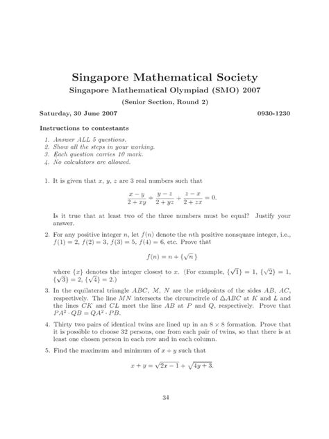 Senior Section Round 2 Smo Singapore Mathematical Olympiad 2007 Pdf