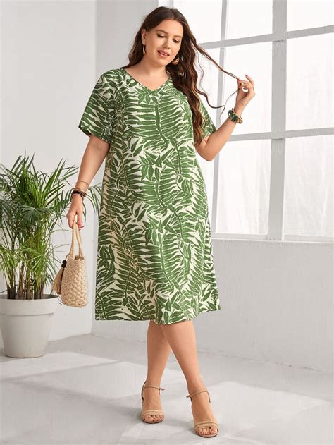 Plus Tropical Print Tunic Dress Cotton Short Dresses Casual Dresses