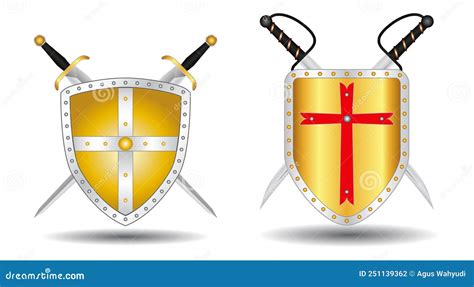 Set Of Realistic Sword Warrior With Metal Shield Eps Vector Stock