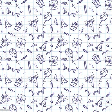 생일 낙서와 원활한 패턴 파티 장식 선물 상자 및 풍선의 스케치 어린이 그림 흰색 배경에 손으로 그린 벡터 그림 그리기에 대한 스톡 벡터 아트 및 기타 이미지 Istock