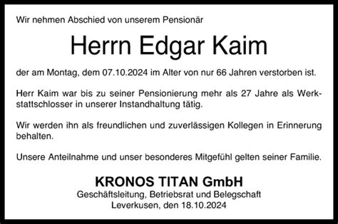 Traueranzeigen Von Edgar Kaim WirTrauern