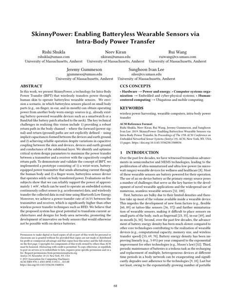 Pdf Skinnypower Enabling Batteryless Wearable Sensors Via Intra Body Power Transfer