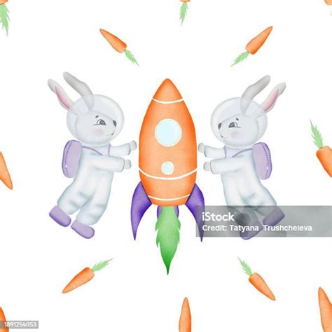 공간 테마의 매끄럽고 반복되는 패턴입니다 귀여운 영웅 토끼 로켓과 우주 비행사 당근 직물 스크랩북 월페이퍼 옷에 대한 어린이 패턴 0명에 대한 스톡 벡터 아트 및 기타