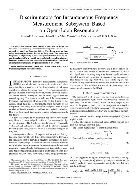Pdf Discriminators For Instantaneous Frequency Measurement Subsystem Based On Open Loop Resonators