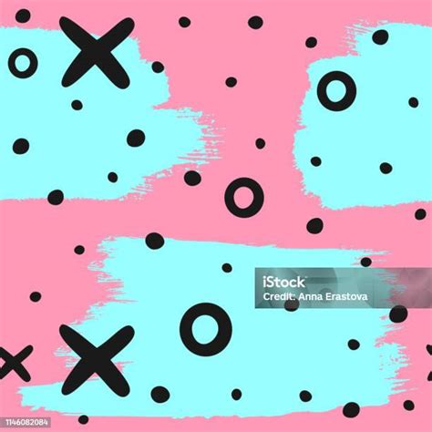 브러시 스트로크 둥근 반점 십자가 및 손으로 그린 동그라미와 추상 원활한 패턴입니다 그런 지 스케치 페인트 핑크 터 쿼 이즈