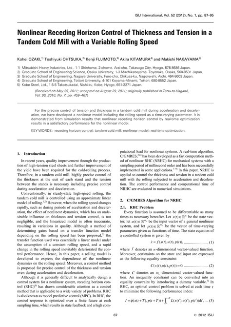 pdf nonlinear receding horizon control of a tandem cold mill in