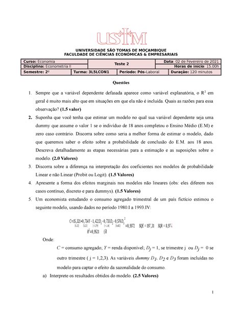 teste 1 econometria ii 02022021 modelos arima estacionariedade raiz unitaria series temporais