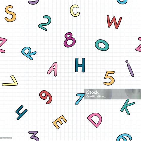 재미있는 색의 낙서 그림 문자 학교나 유치원을 위한 줄이 그어진 수학 종이에 숫자 유치한 손으로 그린 반복 패턴 학교로 돌아가기 0명에 대한 스톡 벡터 아트 및 기타 이미지
