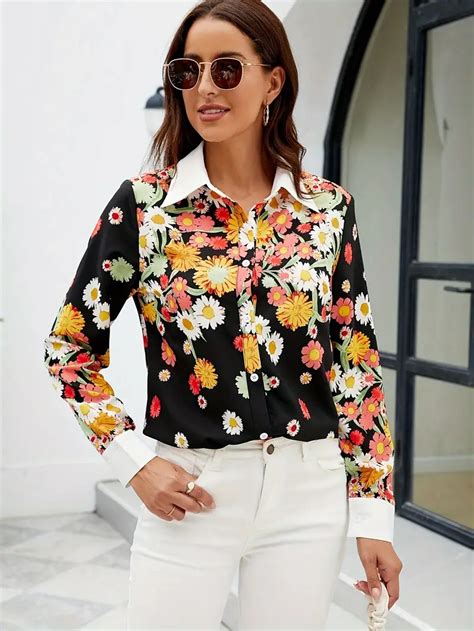 Floral Print Button Front Shirt Elegant Long Sleeve Lapel Temu Canada
