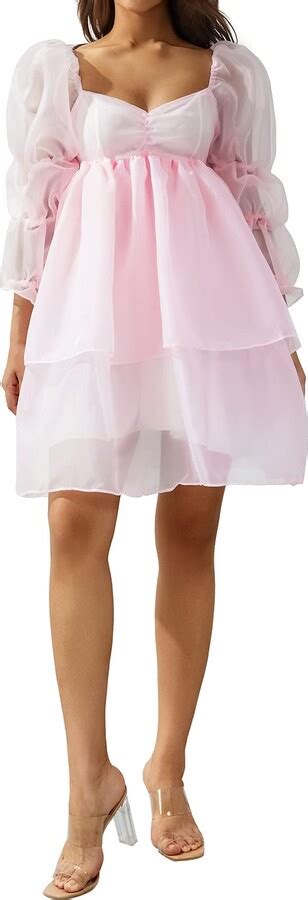 Caloter Women Puffy Sleeve Princess Tulle Dress Square Neck Mesh Fluffy