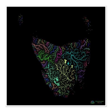 Tasmania River Basin Map Rainbow On Black Fine Art Print