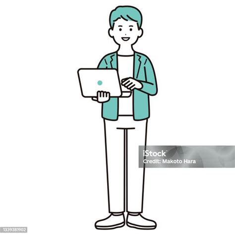 평범한 옷을 입은 사업가의 일러스트 소재로 개인용 컴퓨터와 함께 작업하고 있습니다 남성 평범한 옷 전신 고용과 노동에 대한 스톡 벡터 아트 및 기타 이미지 Istock