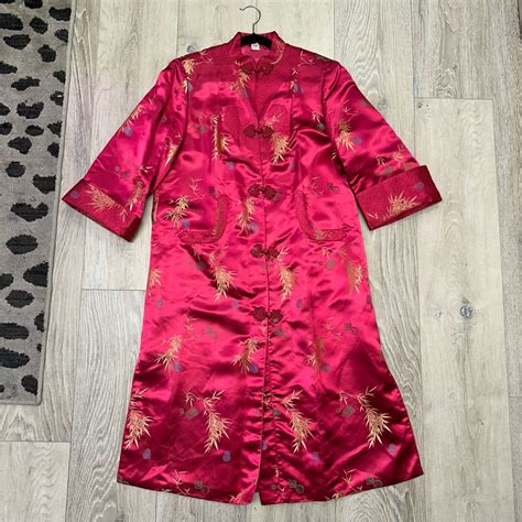 Vintage Asian Pink Satin Long Dress Coat Gem