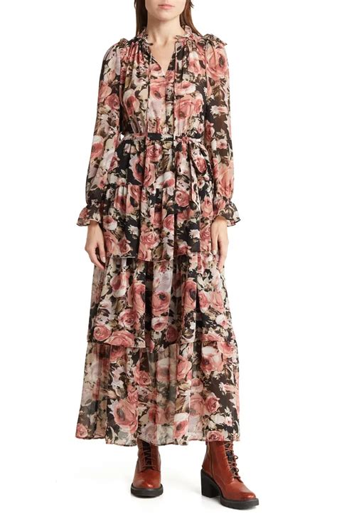 Tie Neck Long Sleeve Floral Print Maxi Dress Dealperx