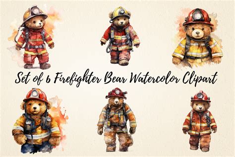 Firefighter Bear Watercolor Clipart Graphic By Pcudesigns · Creative