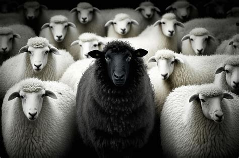 Premium Photo A Black Sheep Stands In A Group Of White Sheep