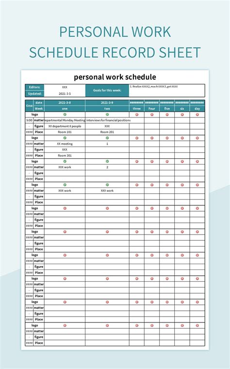 Personal Work Schedule Record Sheet Excel Template And Google Sheets File For Free Download