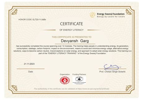 Completed Energy Literacy Course By Energy Swaraj Foundation Devyansh