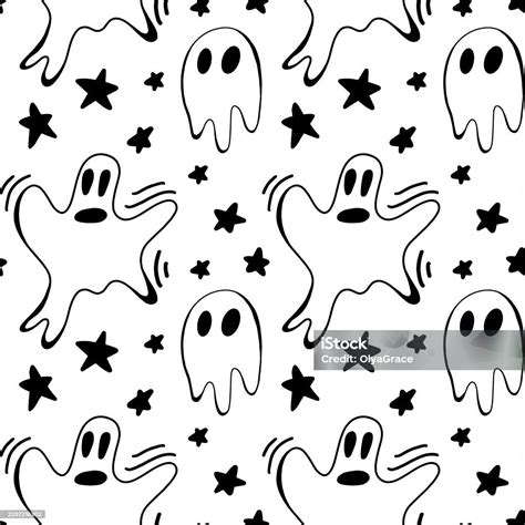 벡터 할로윈 유령과 별 완벽 한 패턴은 흰색 배경에 고립되어 있습니다 계절 디자인 섬유 장식 어린이 놀이방 또는 인사말 카드에 대한 귀여운 그림 손으로 그린 지문과 낙서