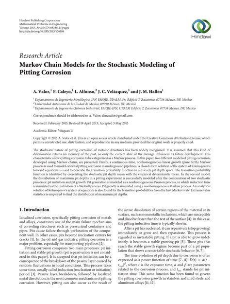 Pdf Markov Chain Models For The Stochastic Modeling Of Pitting Corrosion