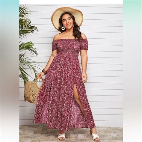 Floerns Dresses Floerns Womens Boho Red Floral Print Off Shoulder