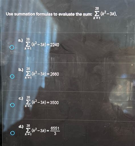 solved use summation formulas to evaluate the sum