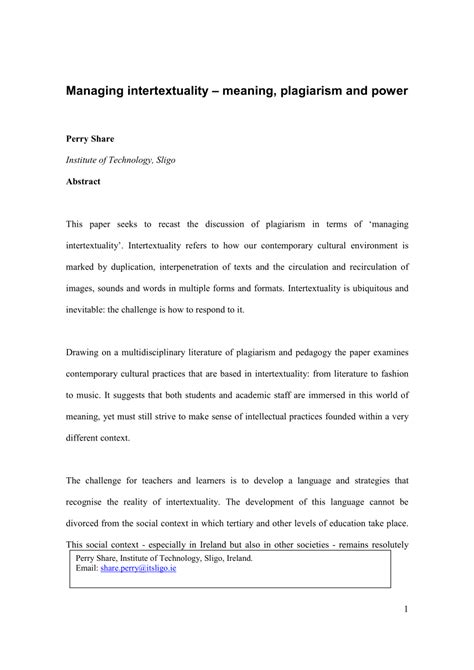 Pdf Managing Intertextuality Meaning Plagiarism And Power