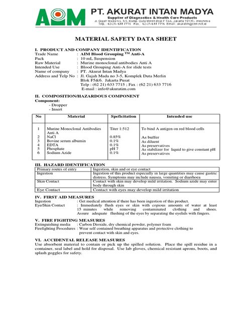 Material Safety Data Sheet Anti A Pdf Personal Protective Equipment Laboratories