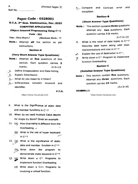 Bca 3 Sem Computer Application Object Oriented Programming Using Cpp