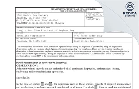 Neuralink Corporation Fremont United States Of America Fda 483s