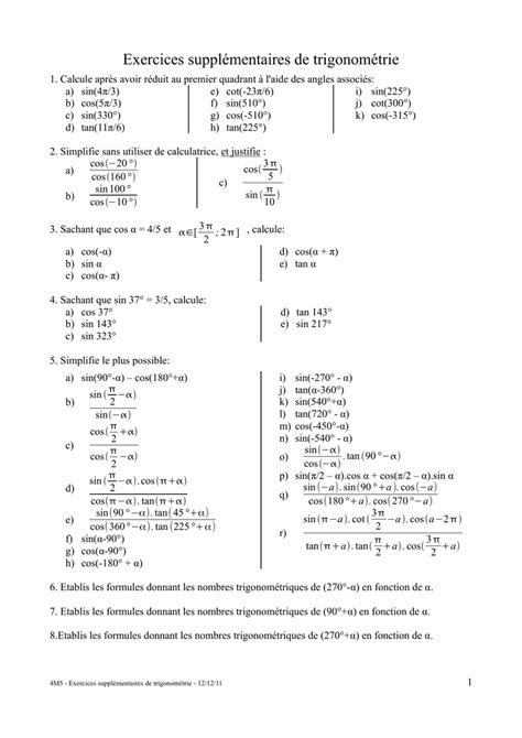 Exercices Suppl Mentaires De Trigonom Trie