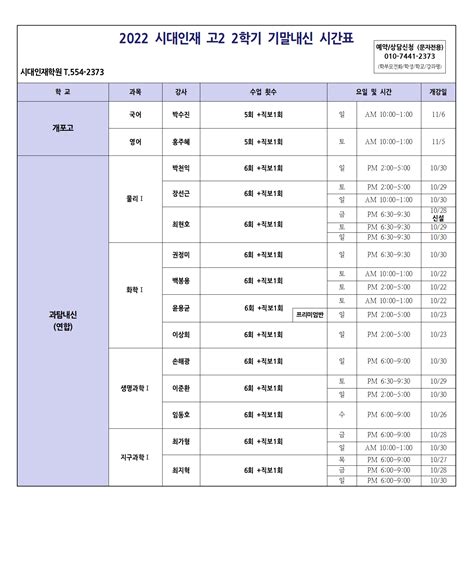 대치 시대인재 2022 고1 고2 2학기 기말내신 시간표 학원 찾을 땐 강남엄마