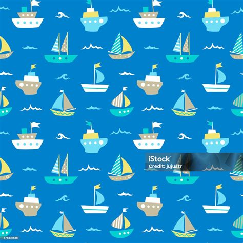 Perahu Layar Lucu Di Laut Gelombang Pola Mulus Latar Belakang Kartun