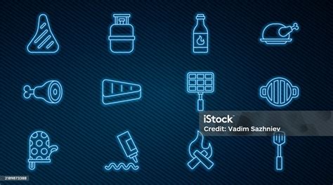 세트 라인 바베큐 주걱 그릴 타바스코 소스 스테이크 고기 닭 다리 강철 그리드 및 프로판 가스 탱크 아이콘 벡터 강철에 대한 스톡 벡터 아트 및 기타 이미지 Istock