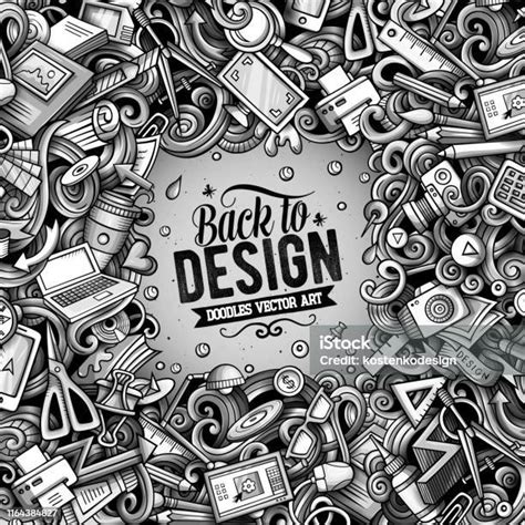 만화 벡터 낙서 디자인 카드입니다 많은 오브젝트 일러스트레이션과 함께 상세한 그래픽 모든 항목은 분리되어 있습니다 예술적 재미있는 테두리 3차원 형태에 대한 스톡 벡터 아트