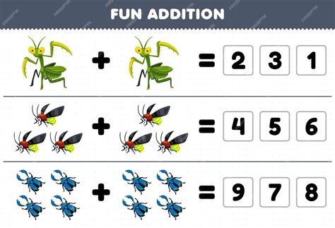 귀여운 만화 사마귀 반딧불이 인쇄용 버그 워크 시트의 정확한 수를 추측하여 어린이를위한 교육 게임 재미 추가 프리미엄 벡터
