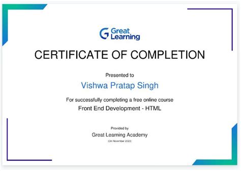 Completed Front End Development Course By Great Learning Vishwa