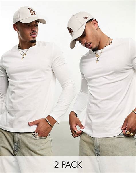 Asos Design 2 Pack Long Sleeve T Shirt With Crew Neck In White Asos