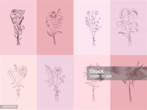 식물 그림 최소한의 식물 로고 초원 녹지 나뭇잎과 꽃 추상 스케치 컬렉션 선형 소박한 가지 벡터 손으로 그린 청첩장 꽃다발 장식 세트 결혼식에 대한 스톡 벡터 아트 및 기타