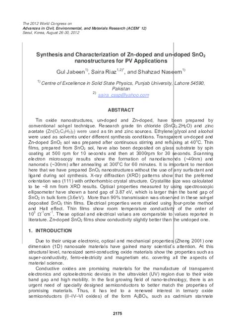 Pdf Synthesis And Characterization Of Zn Doped And Un Doped Sno 2 Nanostructures For Pv