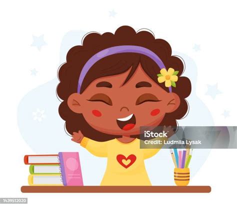 교과서와 연필을 가진 테이블에 있는 즐거운 귀여운 흑인 민족 소녀 여학생 수업 학습 과정 만화 스타일의 벡터 그림입니다 디자인