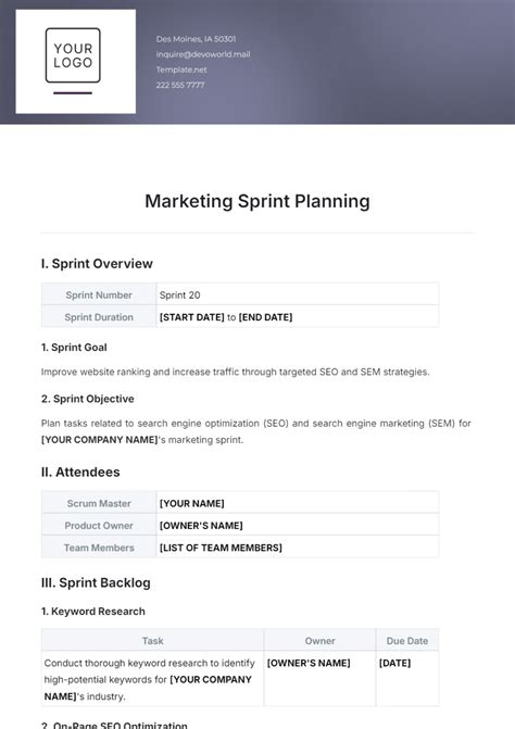 Free Marketing Sprint Planning Template To Edit Online