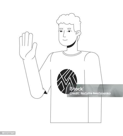 곱슬 곱슬 백인 젊은이가 행복한 흑백 2d 라인 만화 캐릭터를 흔들고 있습니다 2차 도형에 대한 스톡 벡터 아트 및 기타 이미지