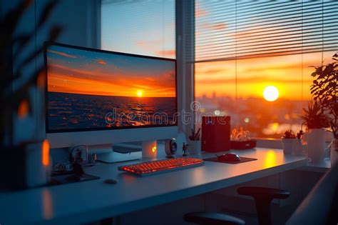 Modern Computer Setup With A Widescreen Monitor Displaying An Ocean Sunset Illuminated Keyboard