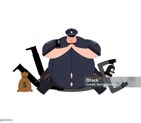 지방 경찰 고 강도 구금입니다 두꺼운 경찰관 및 강도 체포입니다 비만 장교 경찰 및 강도 및 돈 가방입니다 벡터 일러스트 레이 션 Criminal Investigation에