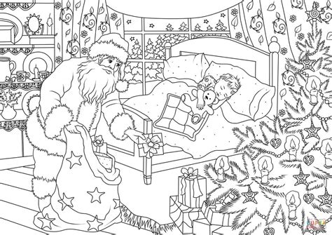 Coloriage Père Noël déposant les cadeaux sous le sapin alors qu un petit enfant dort à côté