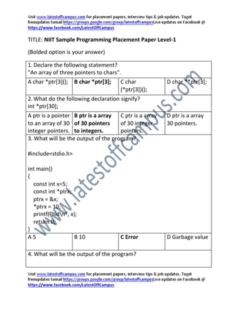 niit sample programming placement paper level 1 pdf