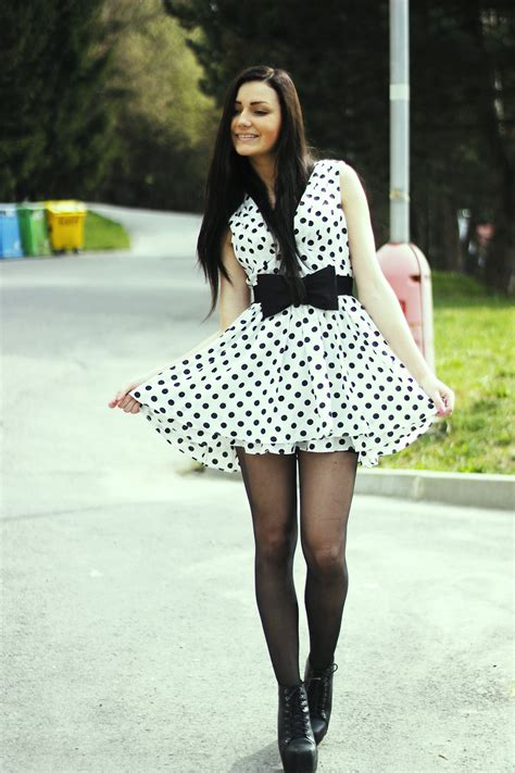 Fans Of Pantyhose — White And Black Polka Dot Dress With Sheer Black
