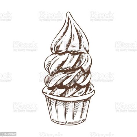 컵에 냉동 요구르트 또는 소프트 아이스크림의 손으로 그린 스케치 빈티지 그림입니다 라벨 포장 및 엽서 디자인을위한 요소 검은색에 대한 스톡 벡터 아트 및 기타 이미지